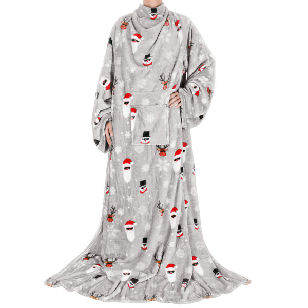 The Holiday Aisle® Jaytin Christmas Print Wearable Blanket with Sleeves and Pocket, Fleece Mink ...